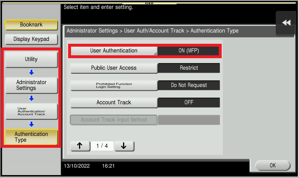 How to enable User Authentication on the machine - Konica Minolta+ Assist
