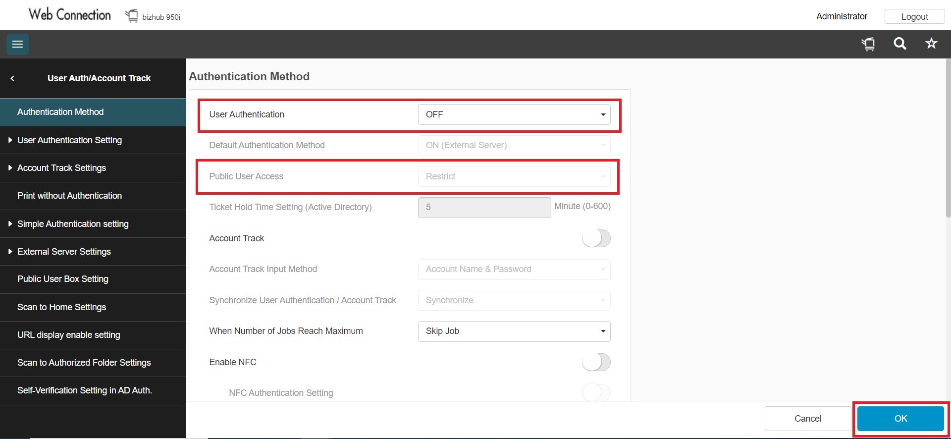How to enable User Authentication on the machine - Konica Minolta+ Assist