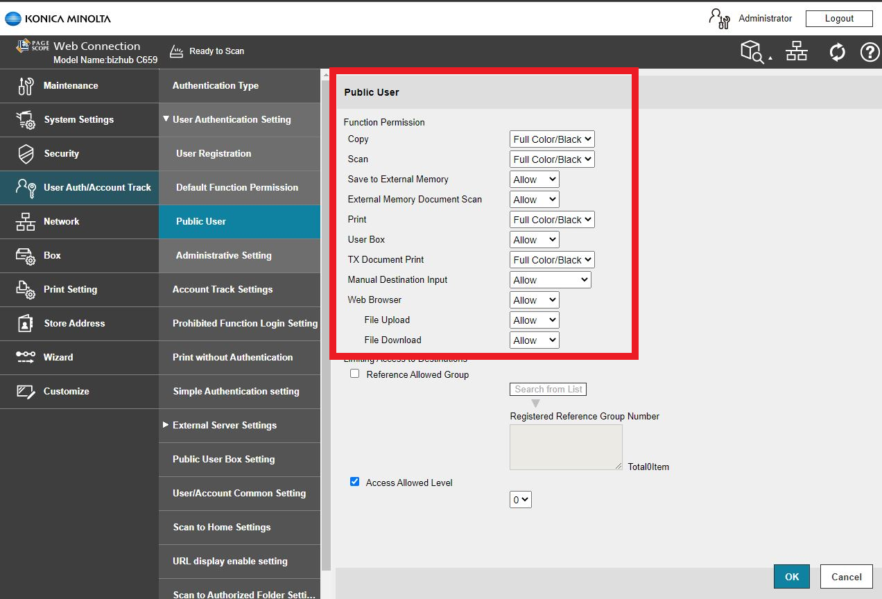 How to enable User Authentication on the machine - Konica Minolta+ Assist