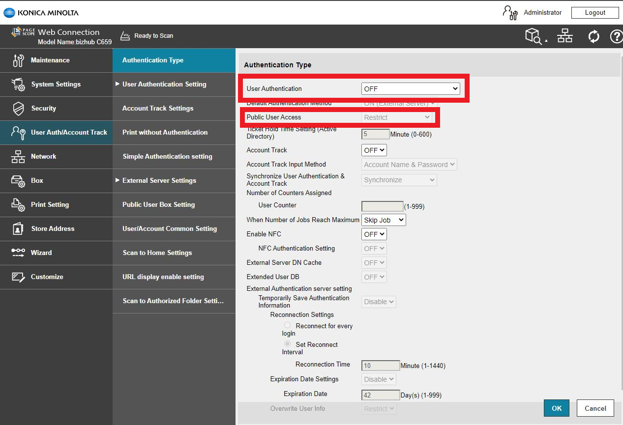 How to enable User Authentication on the machine - Konica Minolta+ Assist