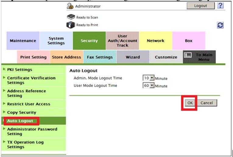 How to changing the time period until Automatic log out - Konica ...