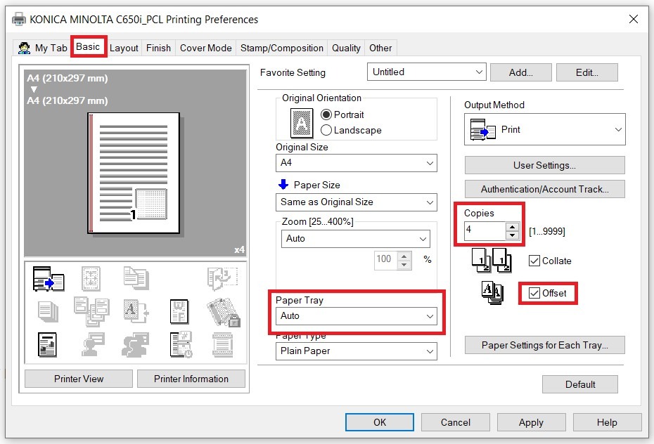 Setting on how to setup offset on printing from PC - Konica Minolta+ Assist
