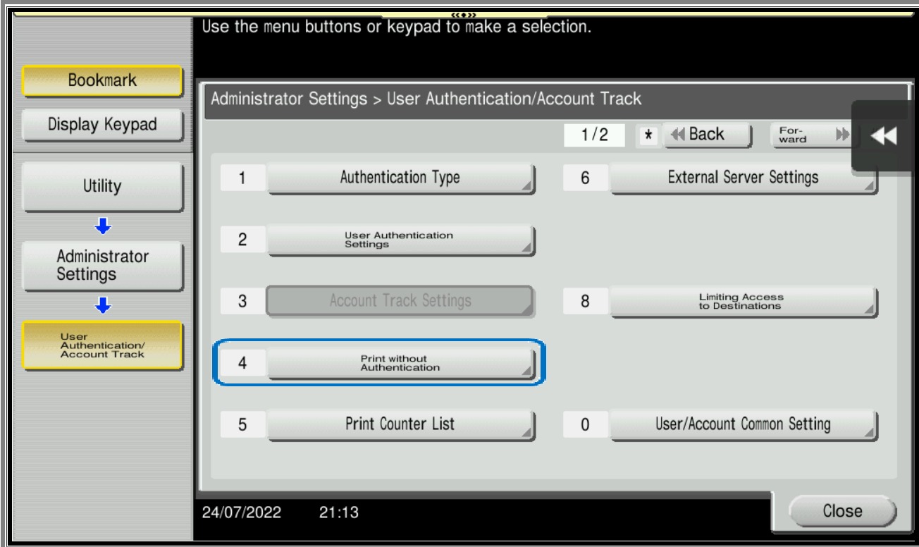 Setup Print without Authentication - Konica Minolta+ Assist