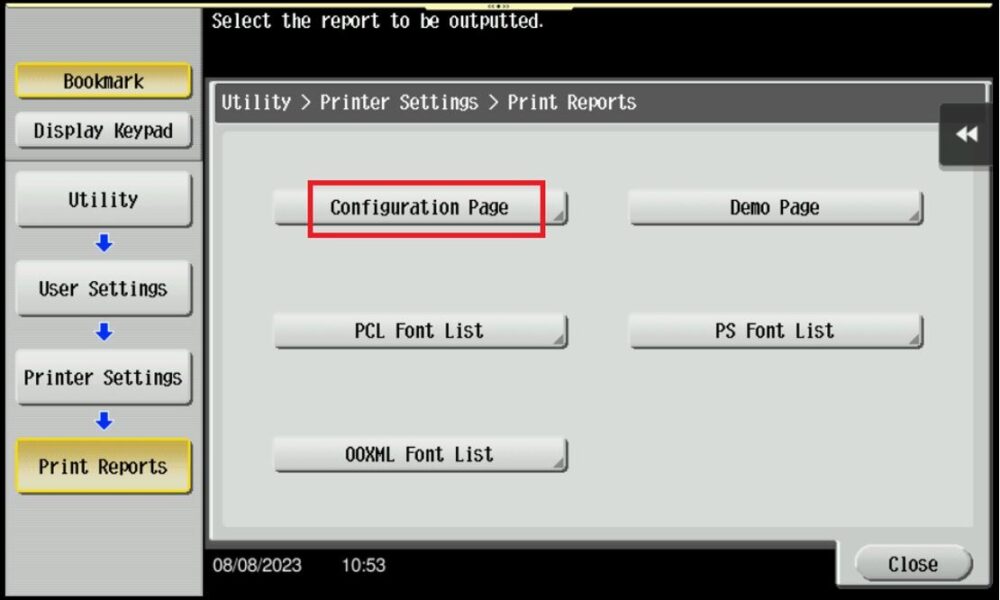 How to Print Configuration Page on Machine - Konica Minolta+ Assist