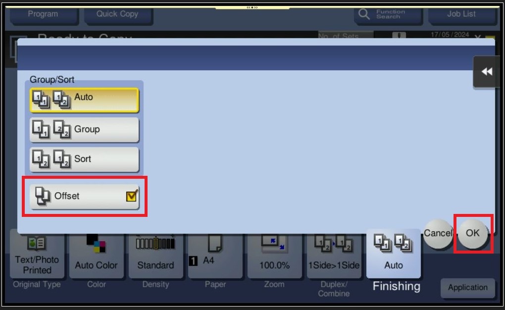 How to setup offset on copying document - Konica Minolta+ Assist