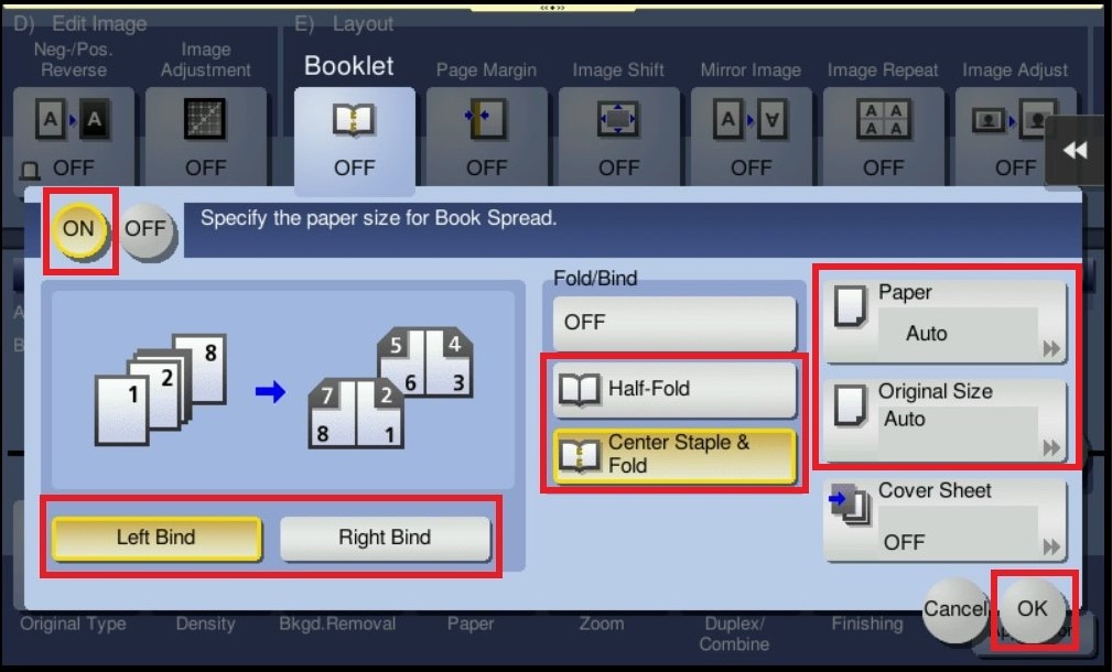 How to setup booklet output of the printed sheets on copying document ...