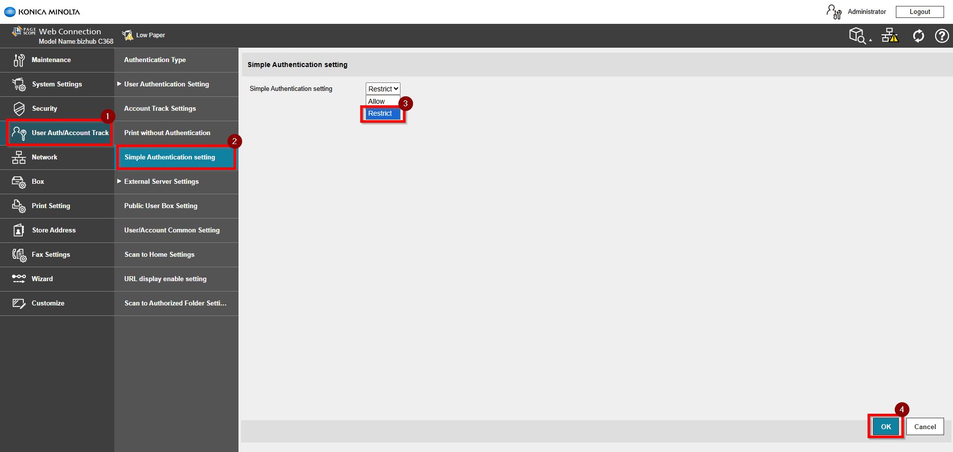 Issue: User Authentication Option Greyed Out in the Printer Driver Due to Simple Authentication ...